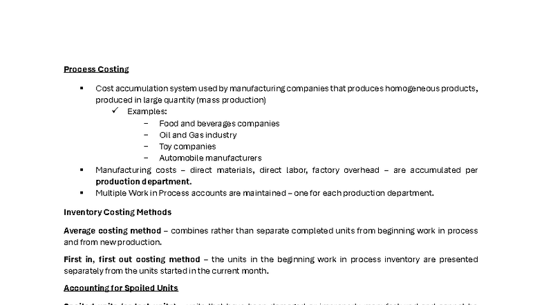Cost - Process Costing (ACC 101) Overview and Key Concepts - Studocu