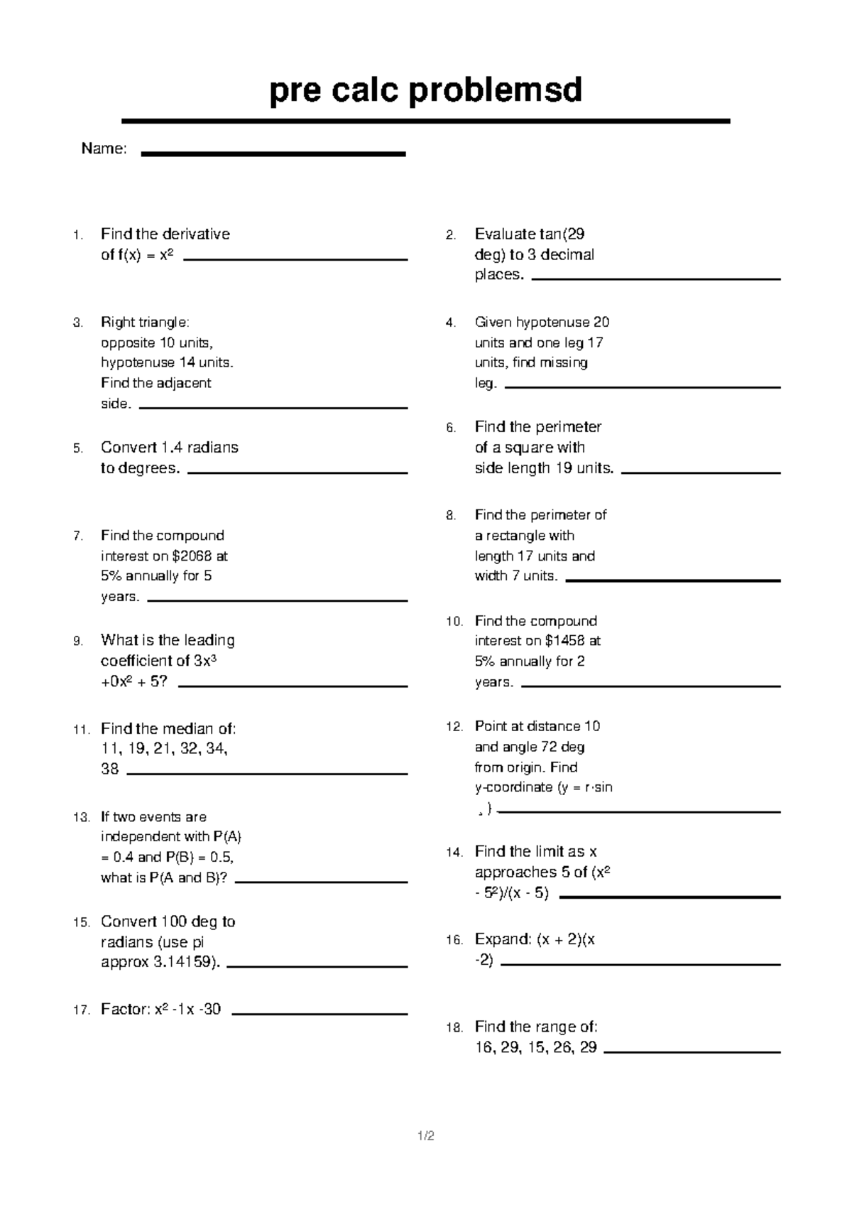 Pre Calc Problems: Derivatives, Geometry, and Probability - Studocu