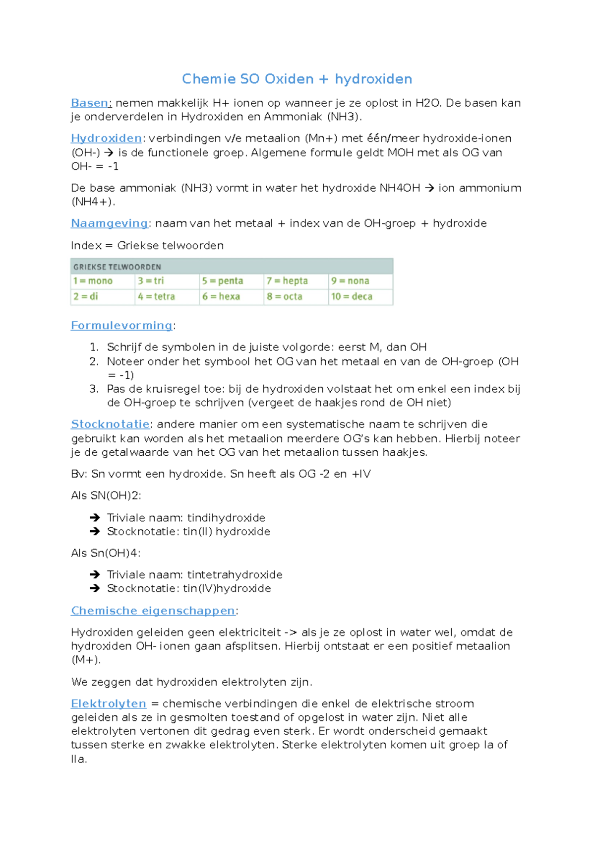 Chemie SO: Oxiden, Hydroxiden, Zuren en Zouten Overzicht - Studocu