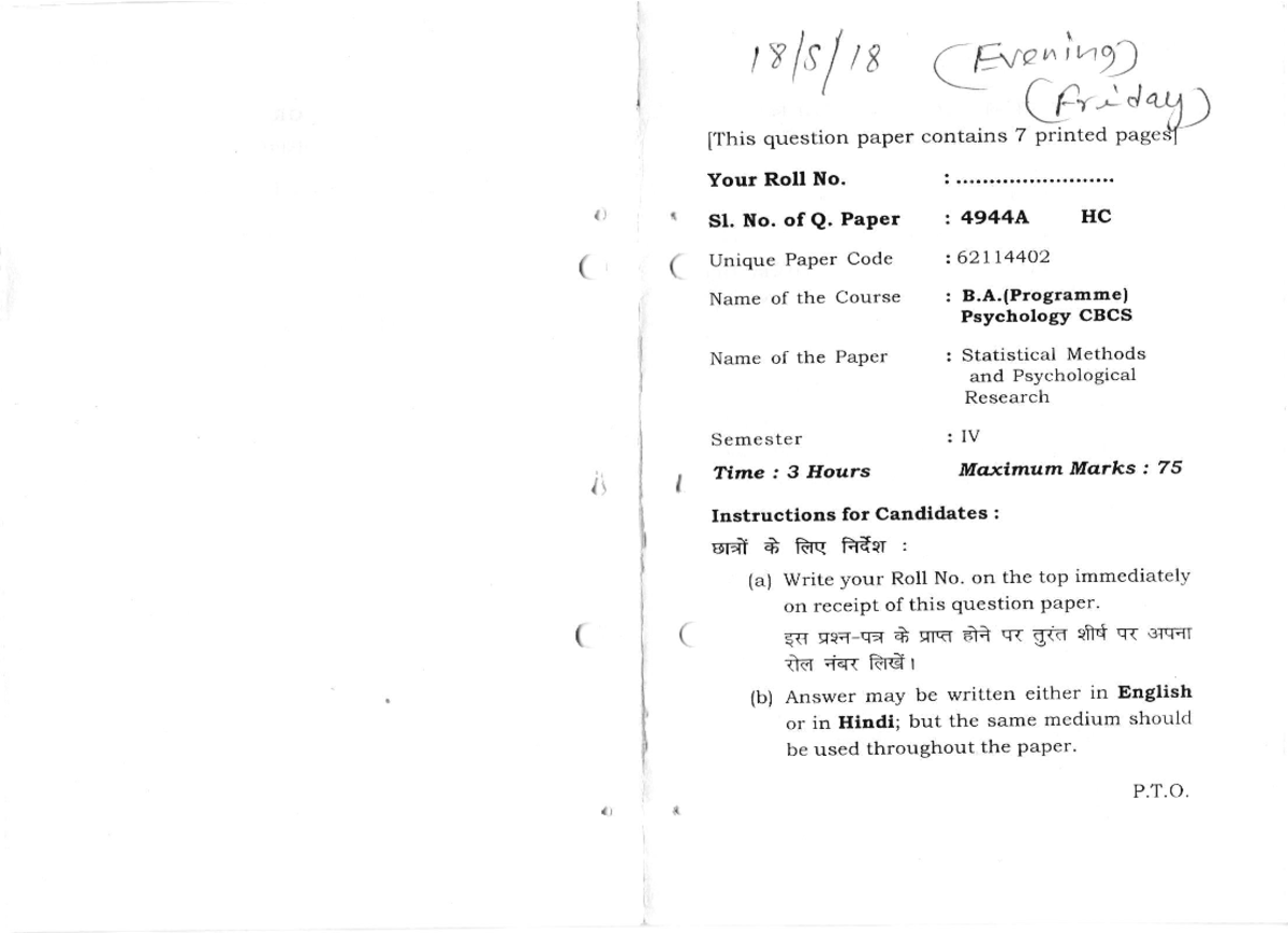 B.A. Psychology IV Sem: Statistical Methods Question Paper 4944A - Studocu