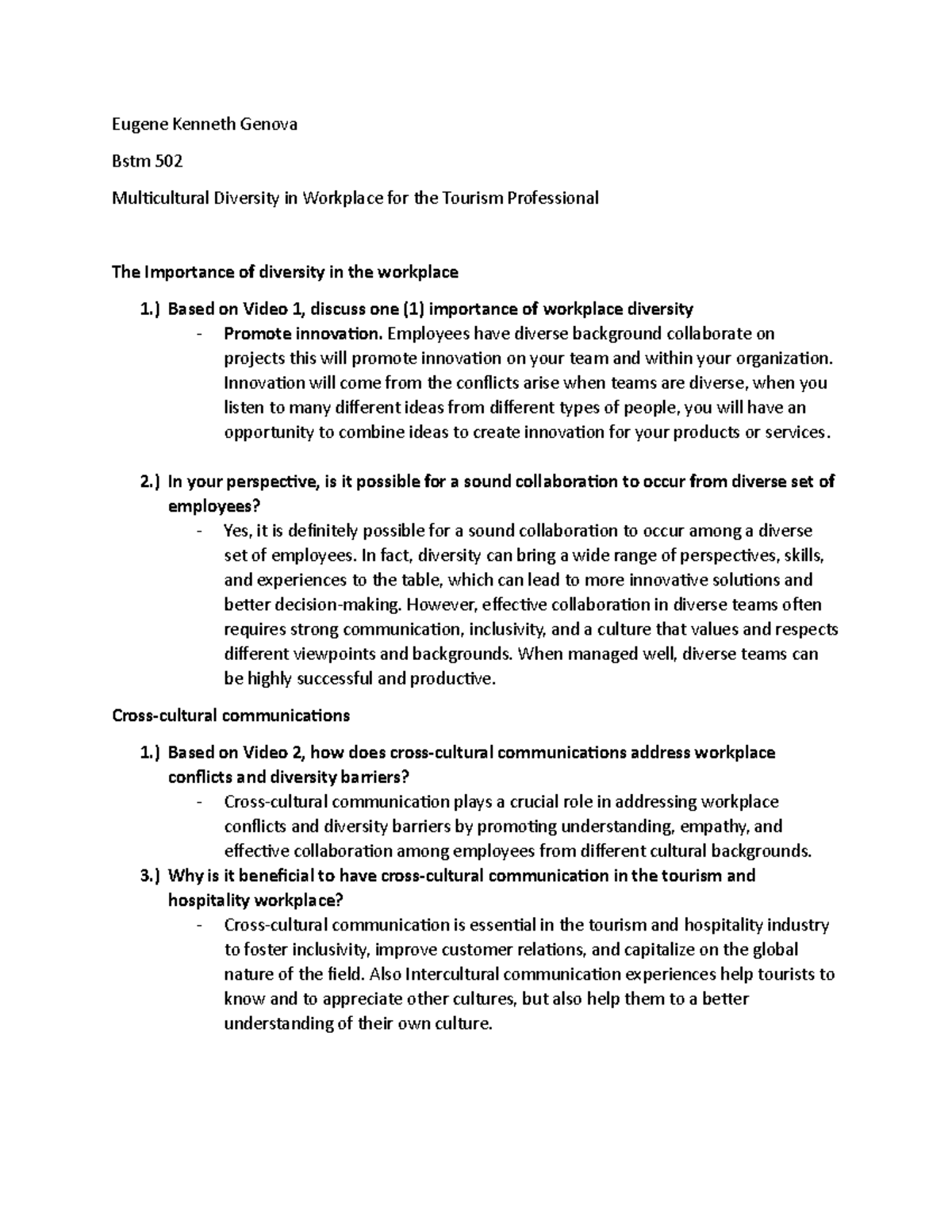 BSTM 502 Activity 1: The Role of Diversity in Tourism Workplace - Studocu