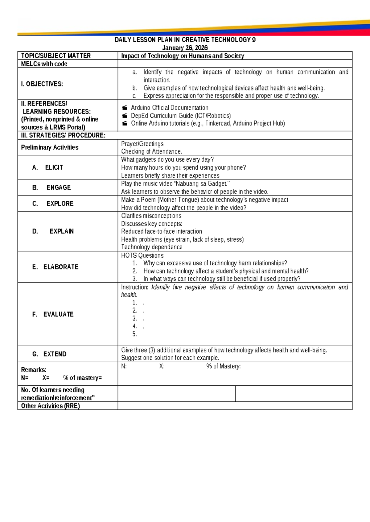 Daily Lesson Plan: Impact of Technology on Society (Grade 7) - Studocu