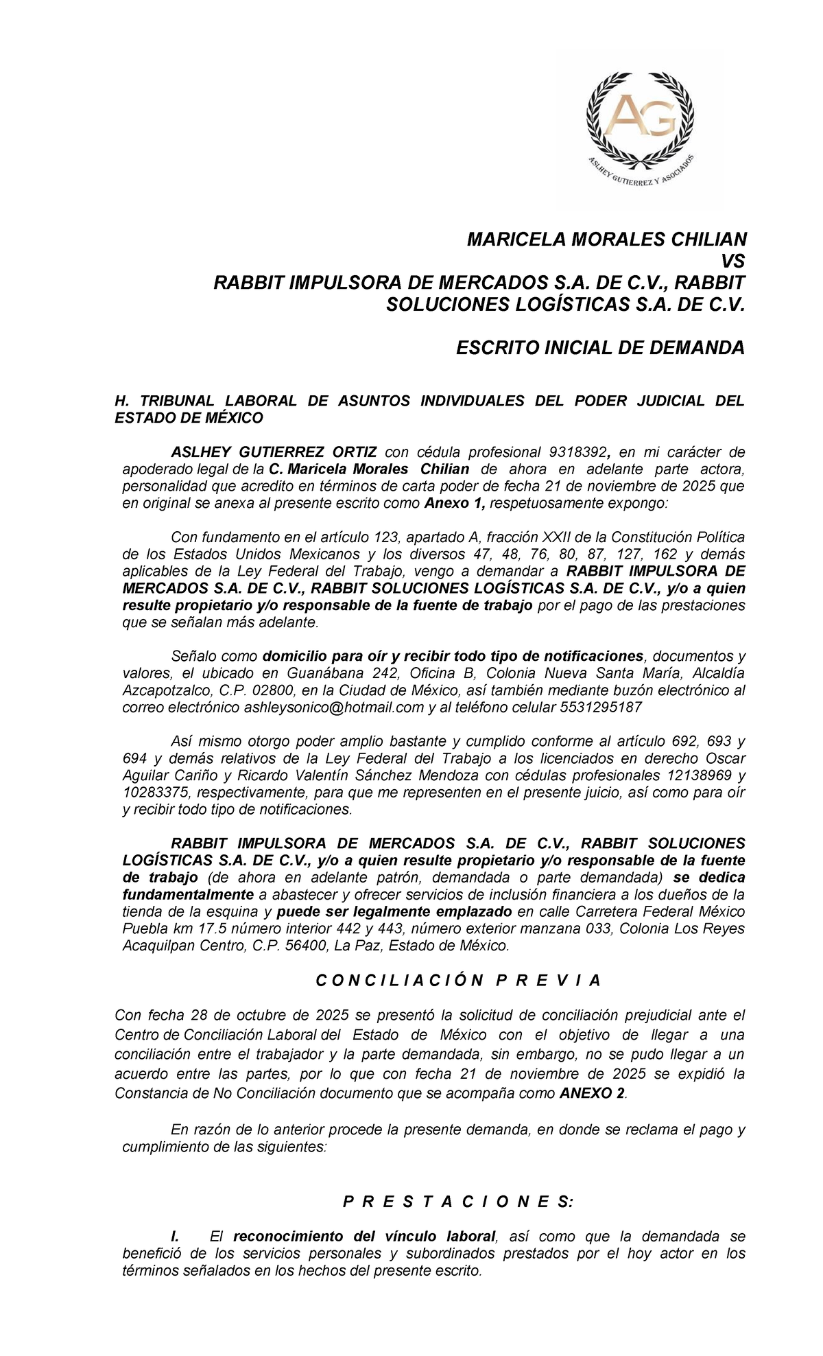 Demanda Laboral de Maricela Morales Chilian vs Rabbit S.A. de C.V ...