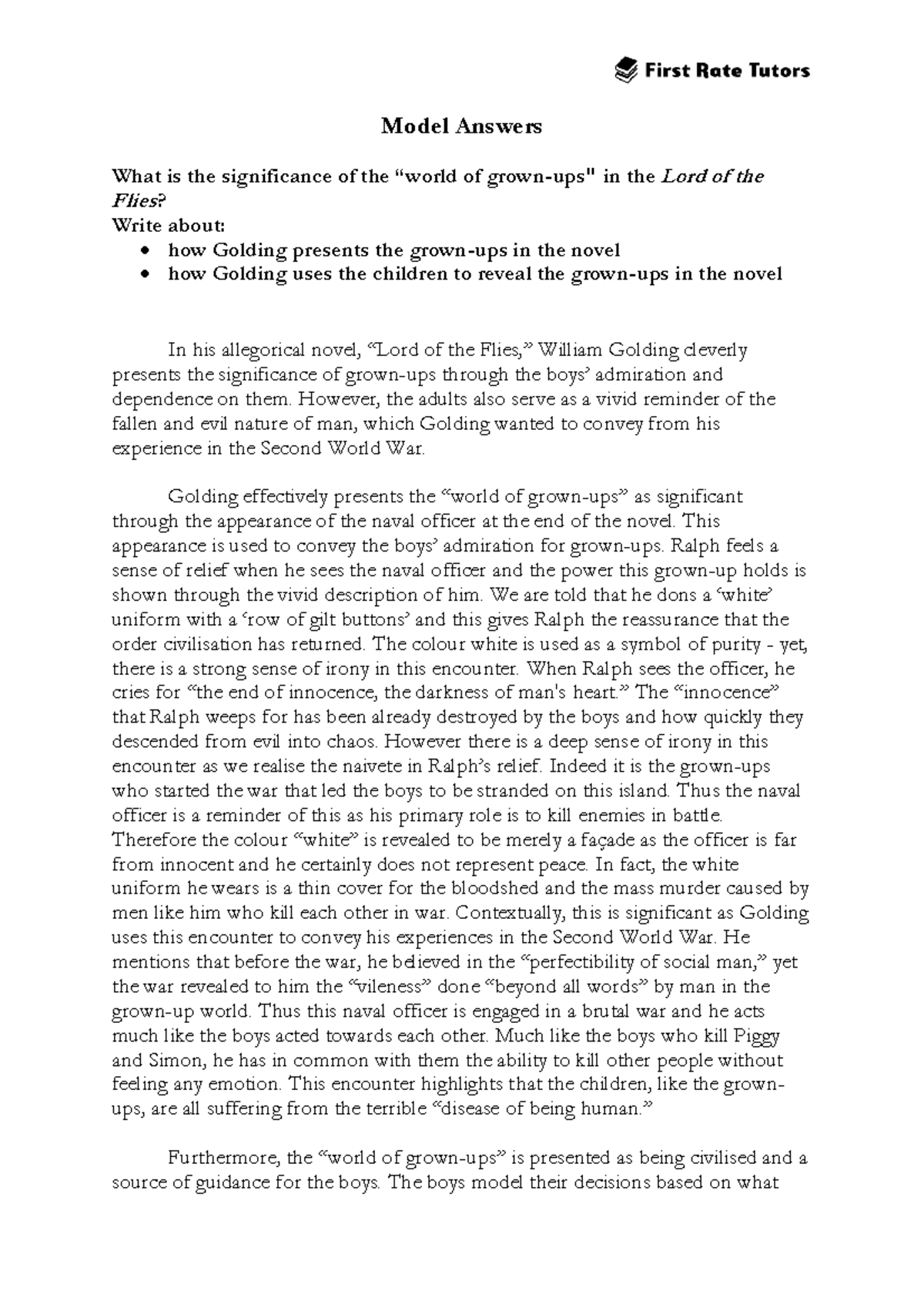 Grade 9 LOTF Essay: Significance of the World of Grown-Ups - Studocu