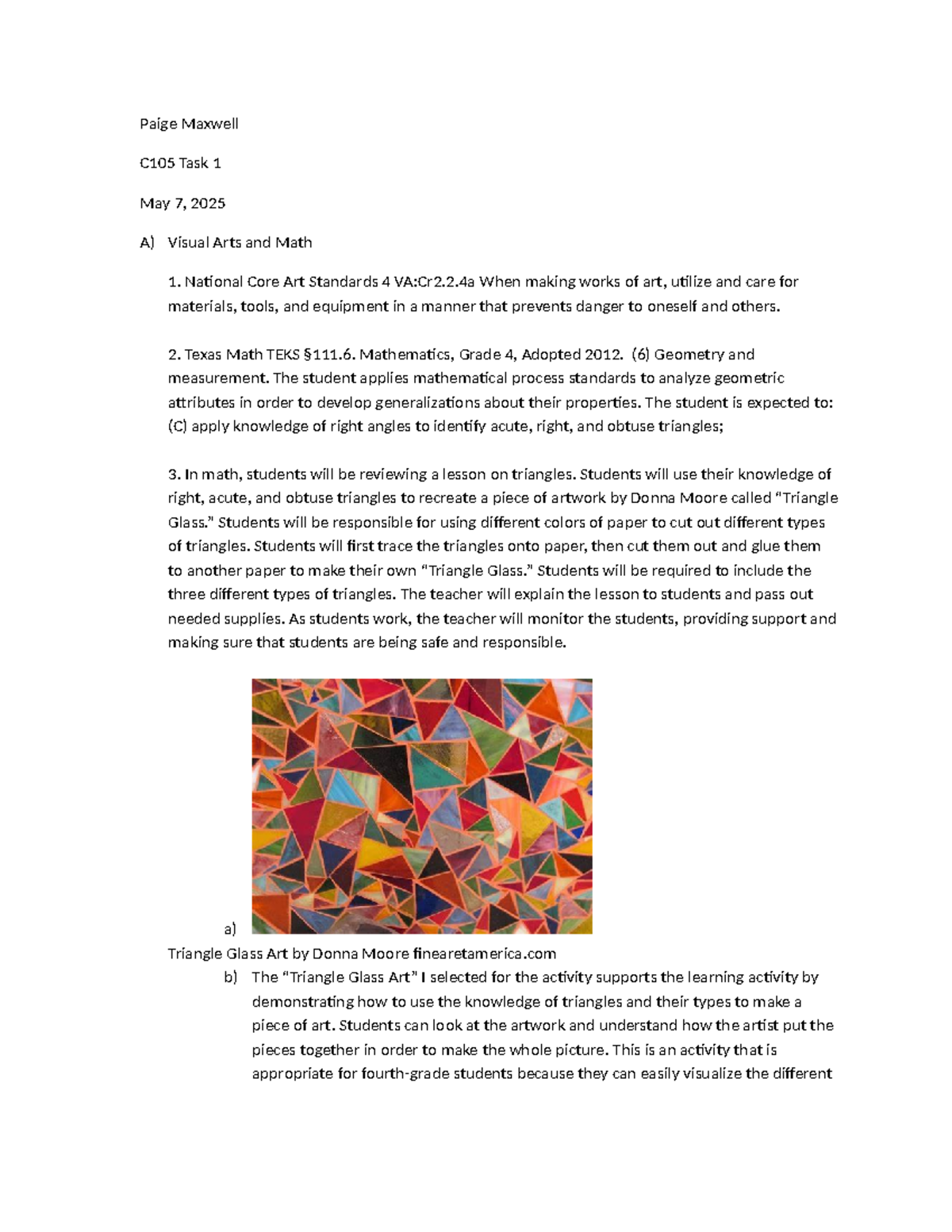 C105 Task 1 - Integrating Visual Arts, Drama, and Music in Grade 4 ...