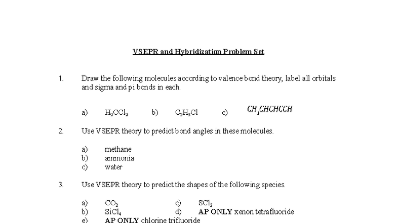 VSEPR & Hybridization Problem Set (12) - Molecule Structures & Bond ...