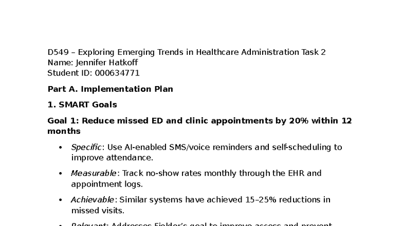D549 Task 2: Implementation Plan for Healthcare Admin Trends - Studocu
