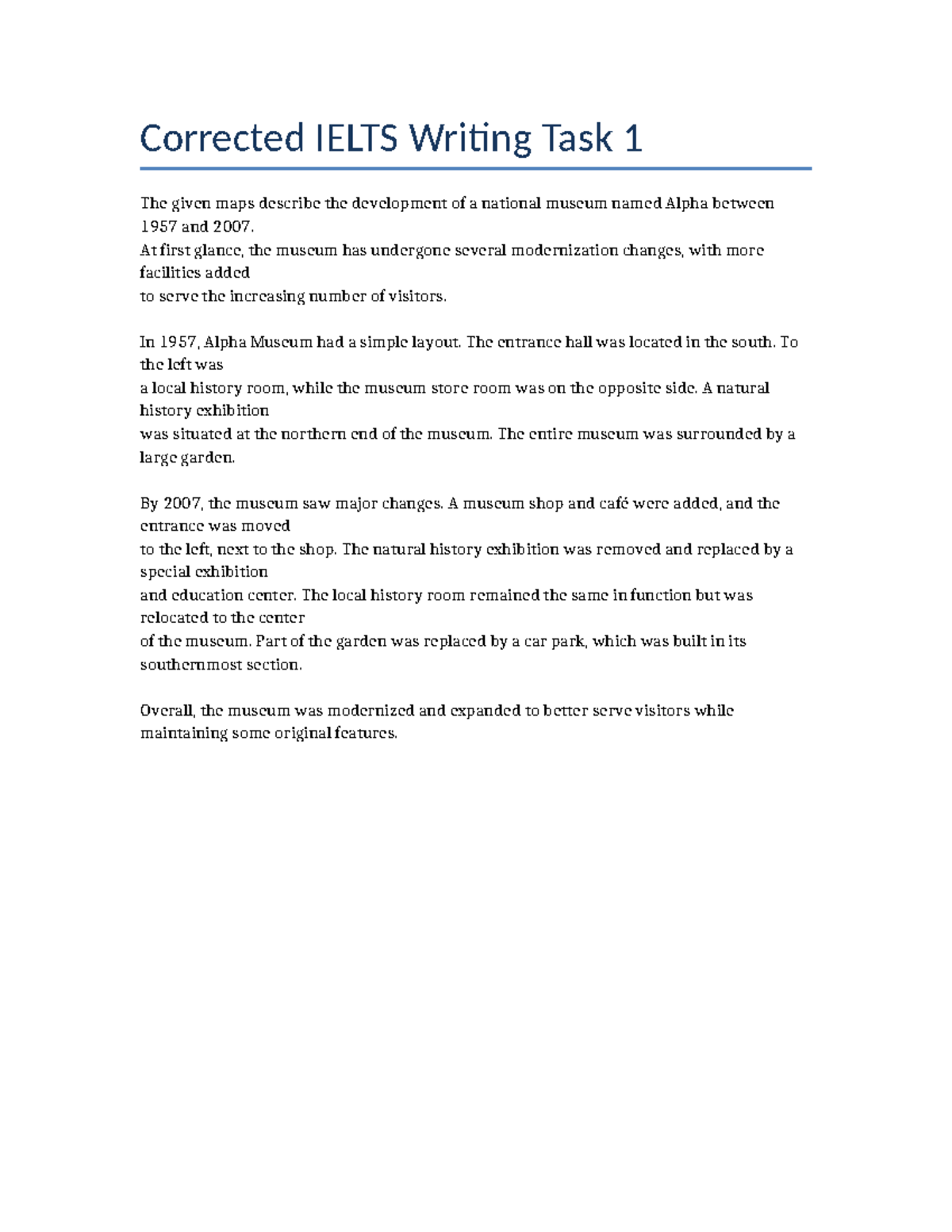 IELTS Writing Task 1: Evolution of Alpha Museum (1957-2007) - Studocu
