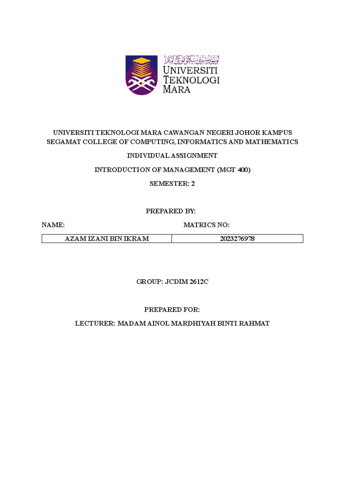 MGT 400 Individual Assignment: Aliff Syukri's Leadership Journey - Studocu