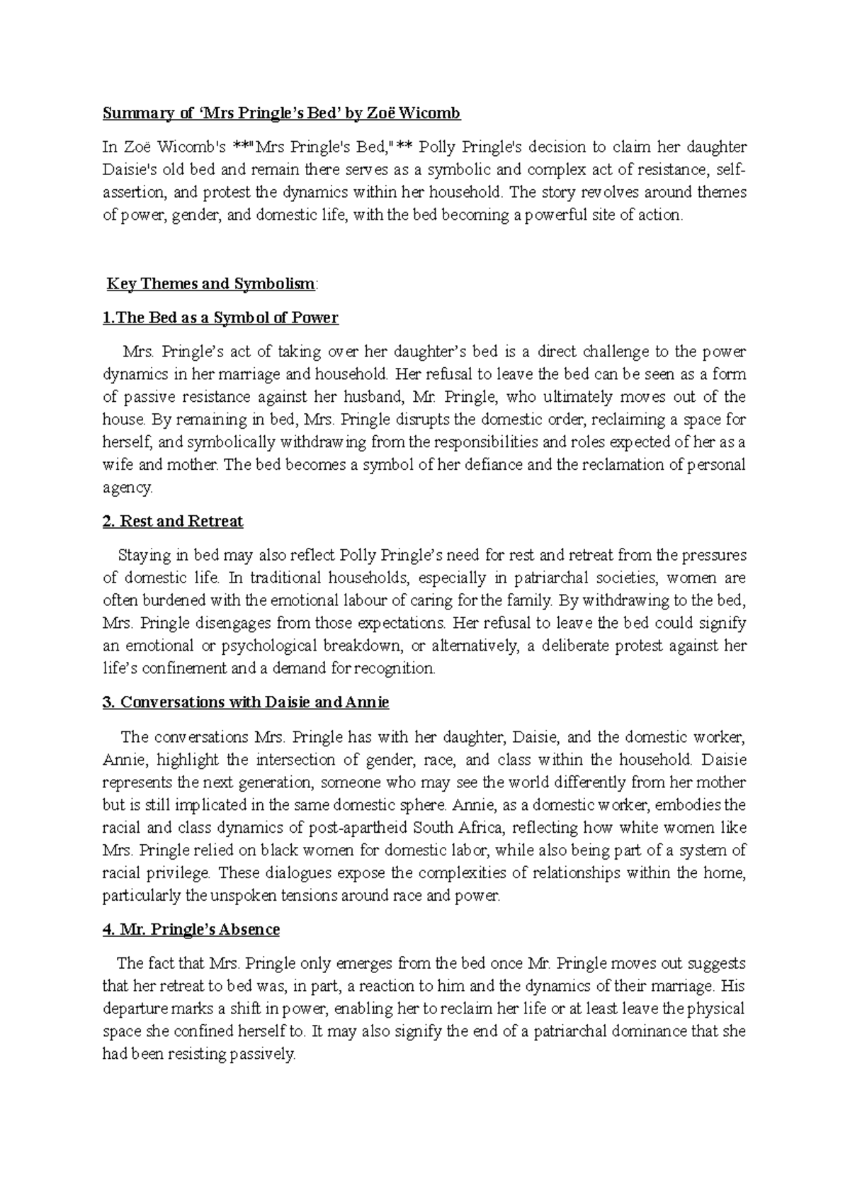 ENG 101 - Summary of 'Mrs. Pringle’s Bed' by Zoë Wicomb - Studocu