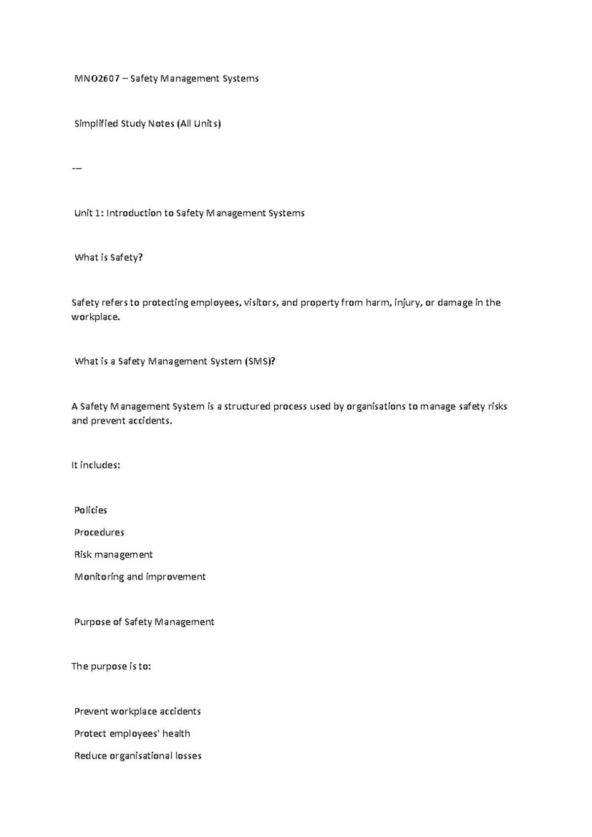 MNO2607 Safety Management Systems Study Notes & Key Concepts - Studocu