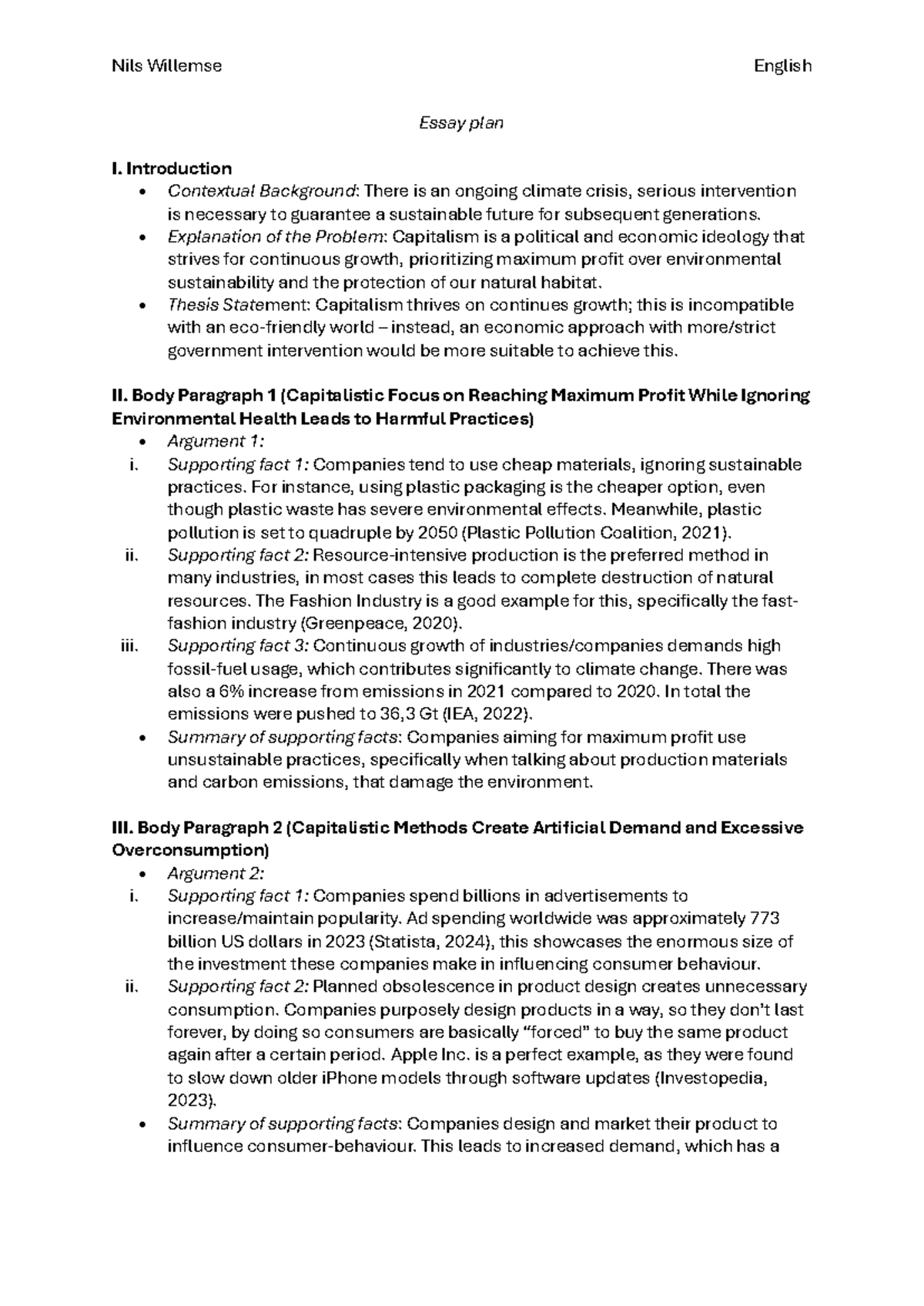 Nils Willemse English Essay Plan: Capitalism and Climate Crisis ...