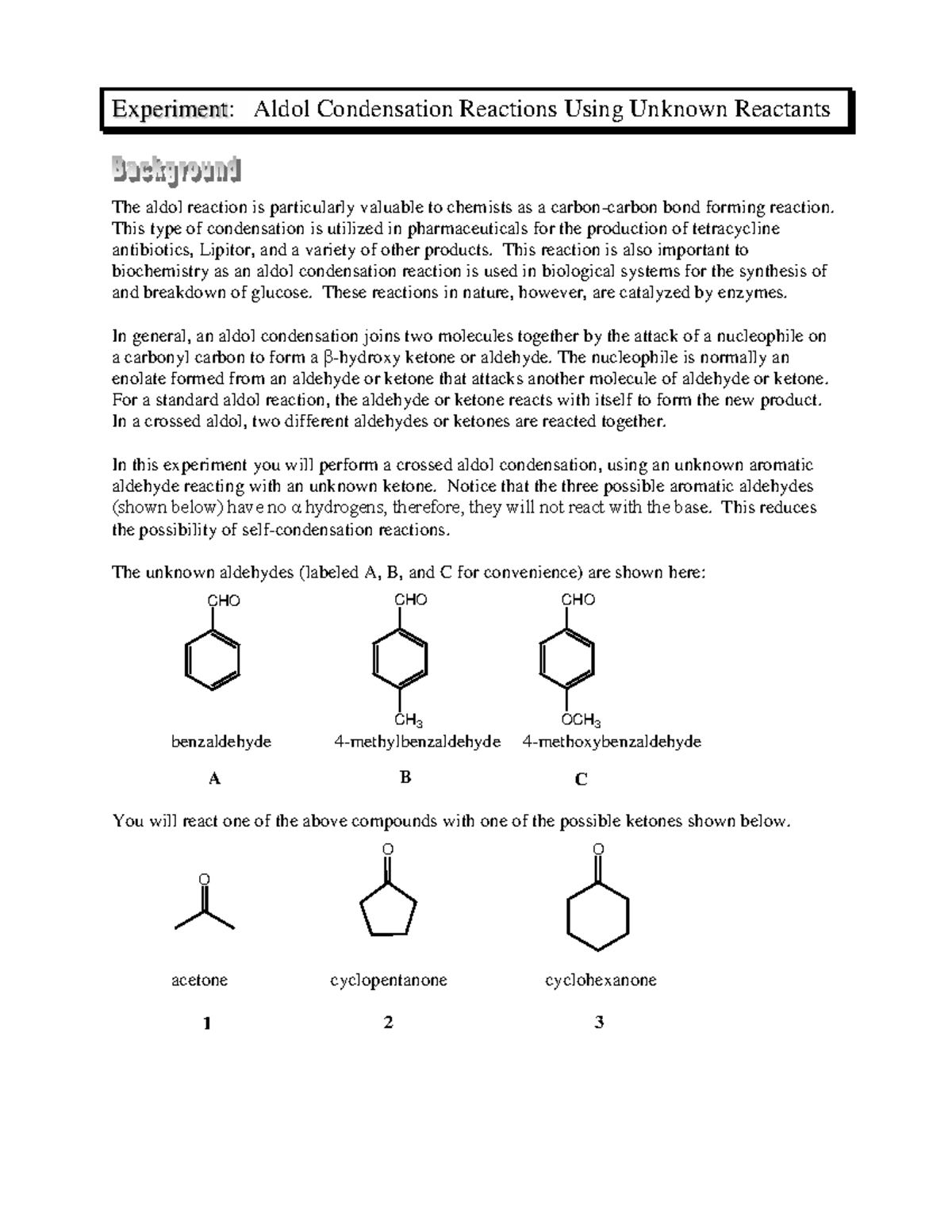 17 Aldol Condensation Experiment: Identifying Unknown Reactants - Studocu