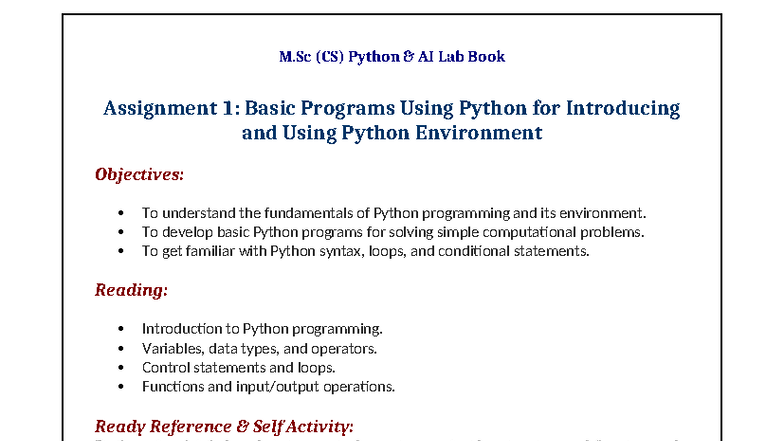 MSC CS AI LAB BOOK - qwertyuiopasdfghjklzxcvbnm - Assignment 1: Basic Programs Using Python for ...