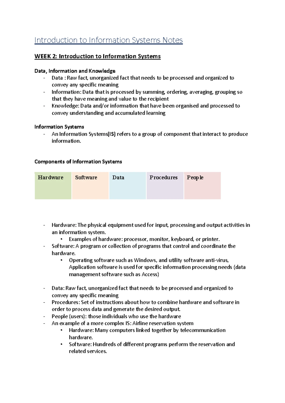 Week 1 Summary Week 1 Summary Introduction To Information Systems