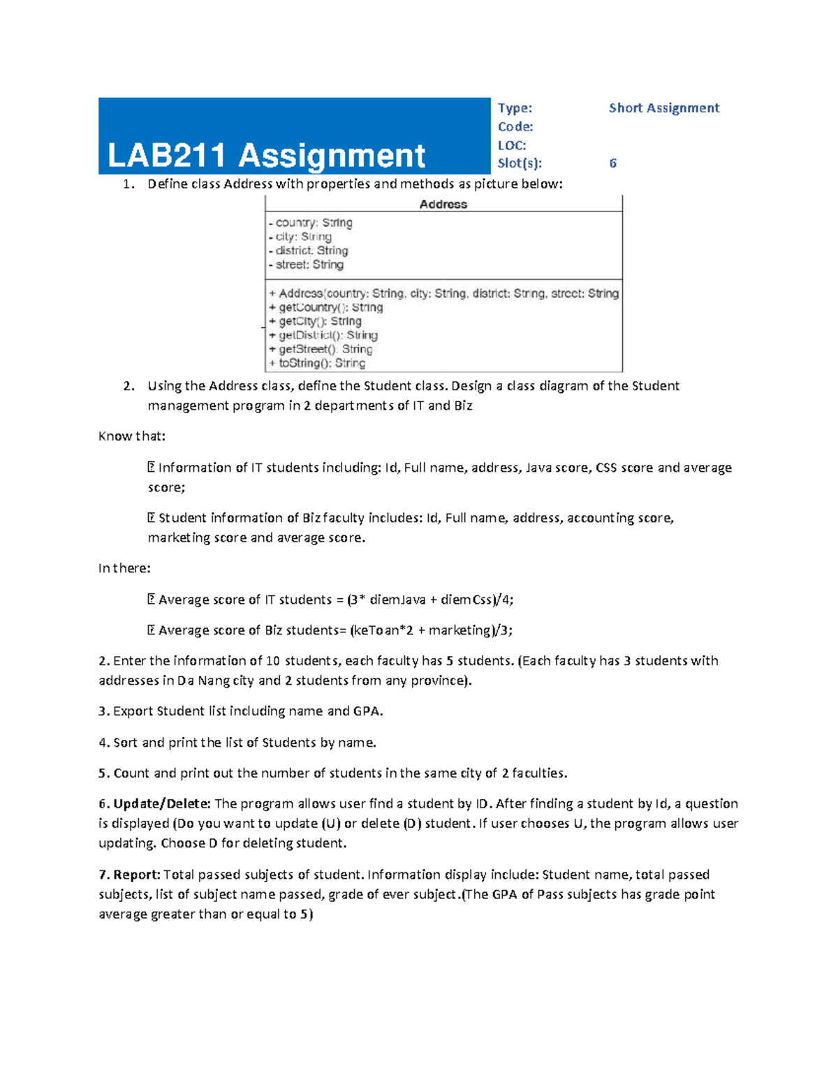 LAB211 Short Assignment 6: Student Management Program Design - Studocu