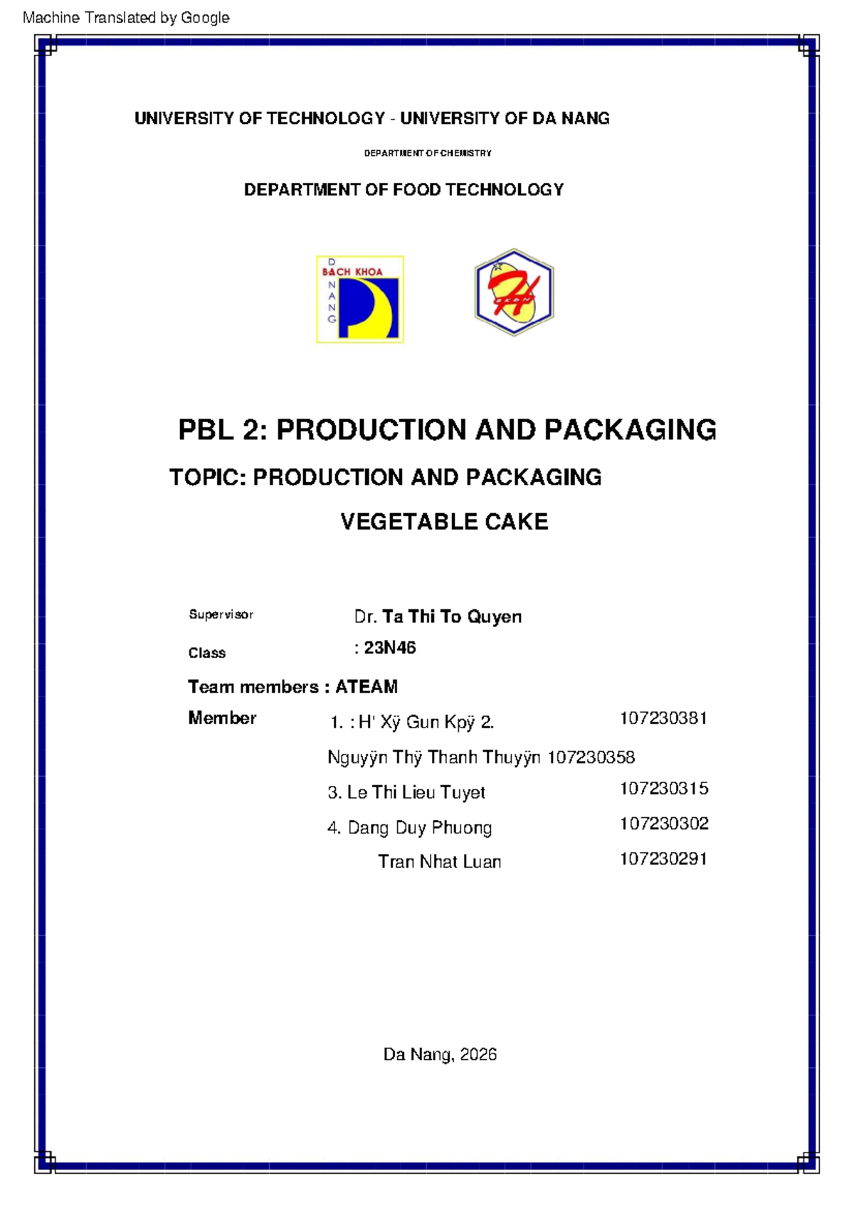 PBL 2: Production and Packaging of Vegetable Sausage - Class 23N46 ...