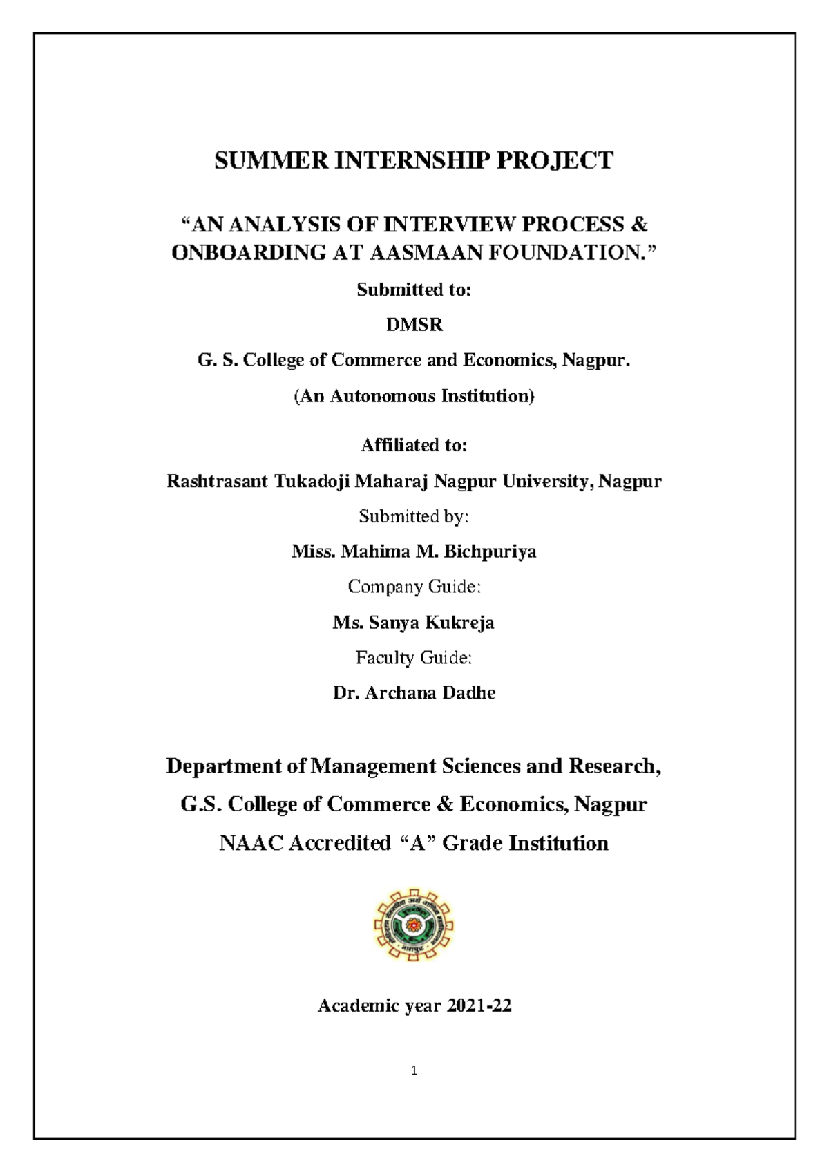 HR INTERNSHIP project - SUMMER INTERNSHIP PROJECT “AN ANALYSIS OF ...