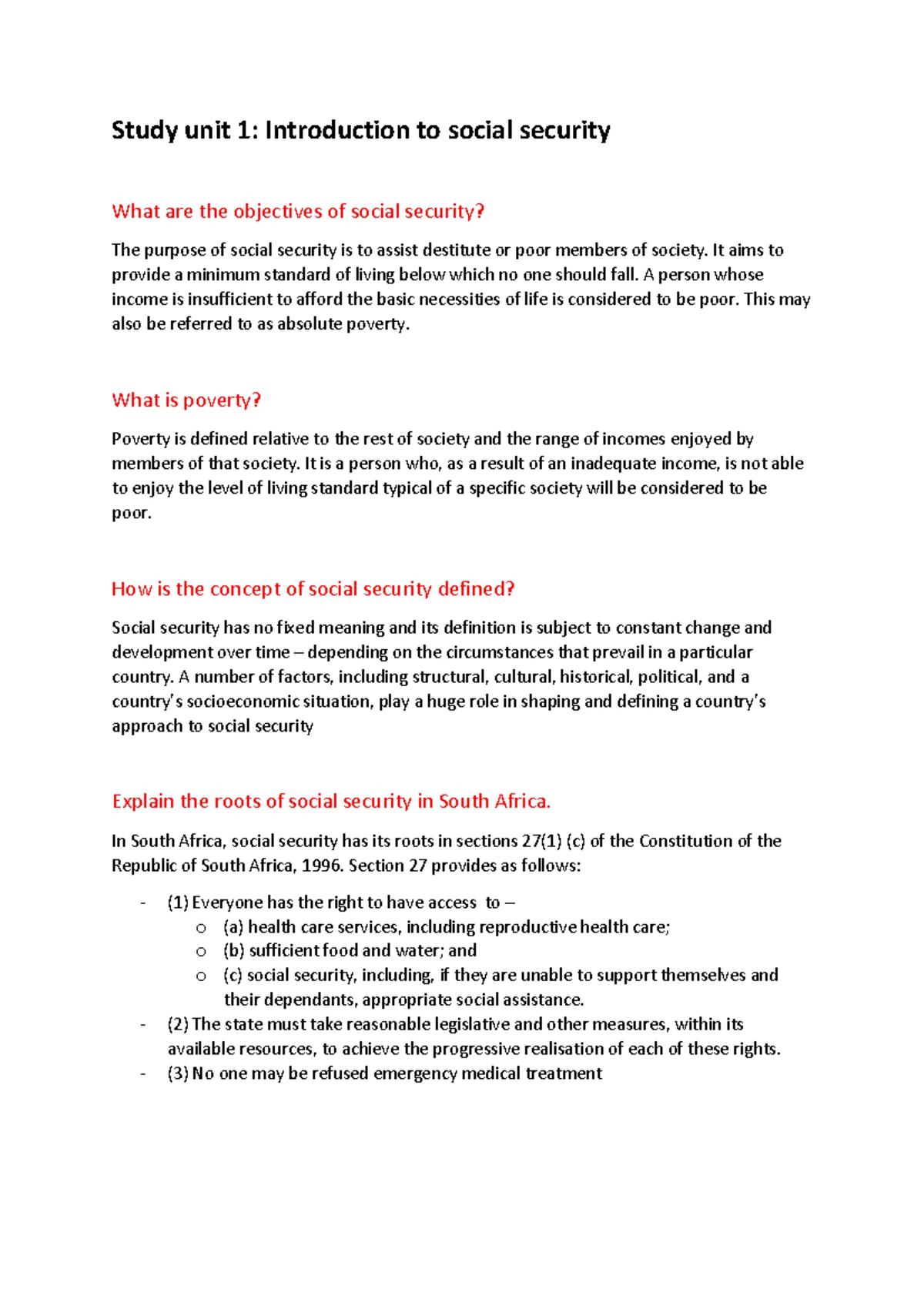 SSL2601 Study UNIT 1 Introduction to Social Security - Study unit 1 ...