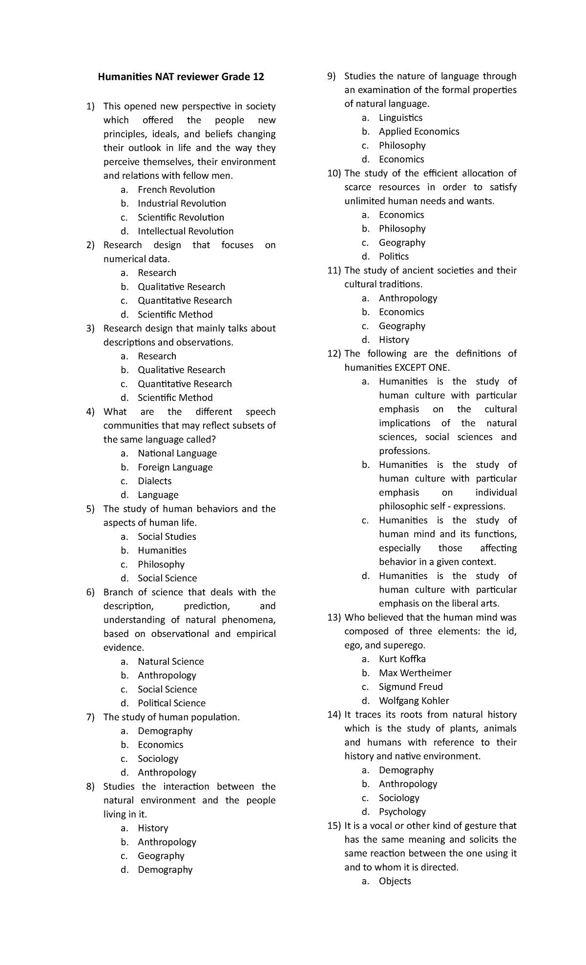 Grade 12 Humanities NAT Review Guide: Key Concepts and Topics - Studocu