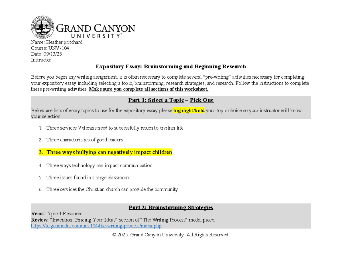 UNV-104 Expository Essay: Brainstorming & Research Strategies - Studocu