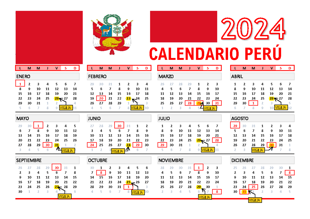 Calendario Anual 2024 - Peru: Vista General y Fechas Importantes - Studocu