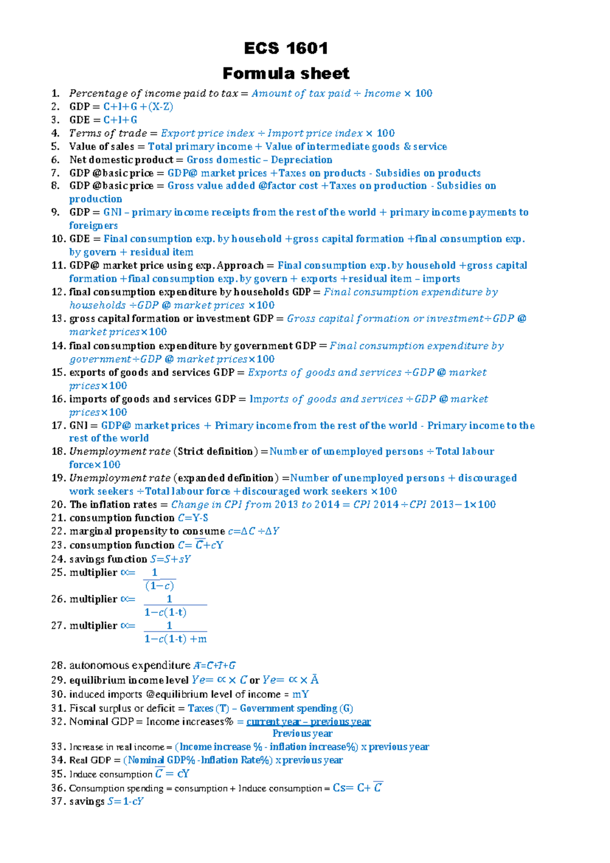 ECS 1601 - Comprehensive Formula Sheet for Economic Concepts - Studocu