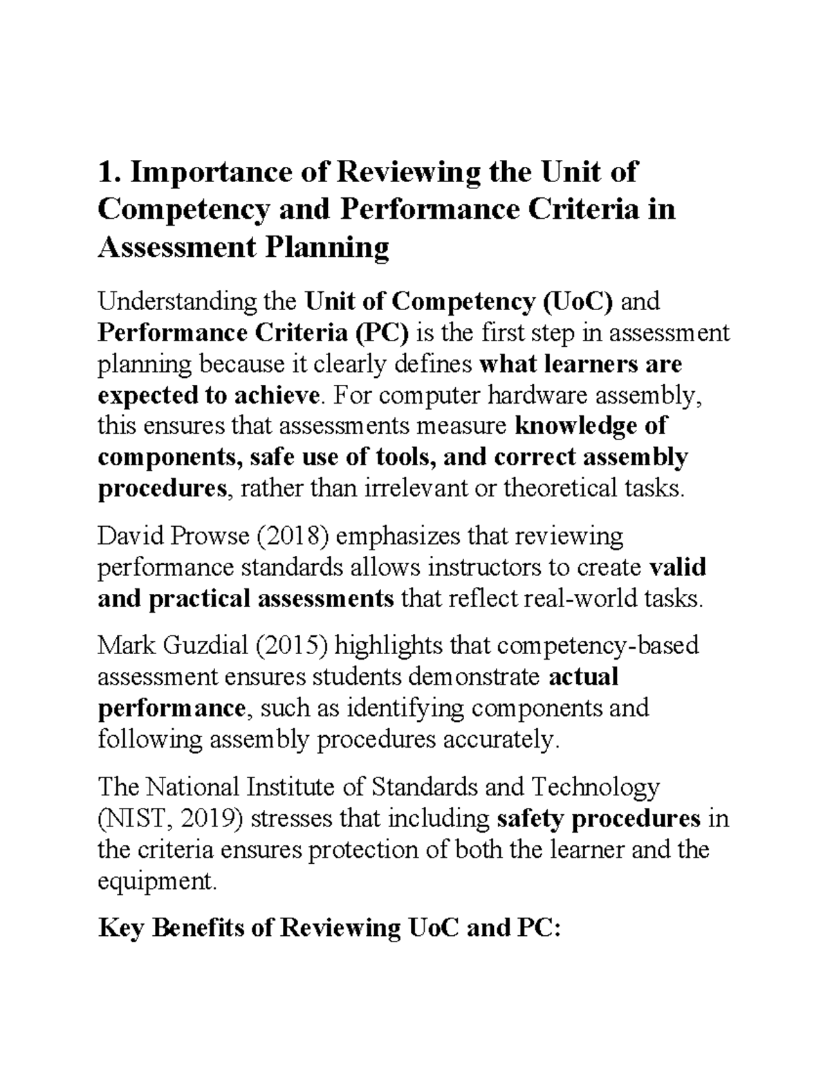 UoC & PC Review in Assessment Planning for Computer Assembly - Studocu
