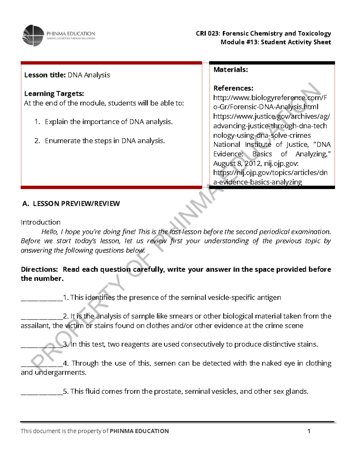 CRI 023 SAS 13 - Forensic Chemistry & Toxicology: DNA Analysis Lesson - Studocu