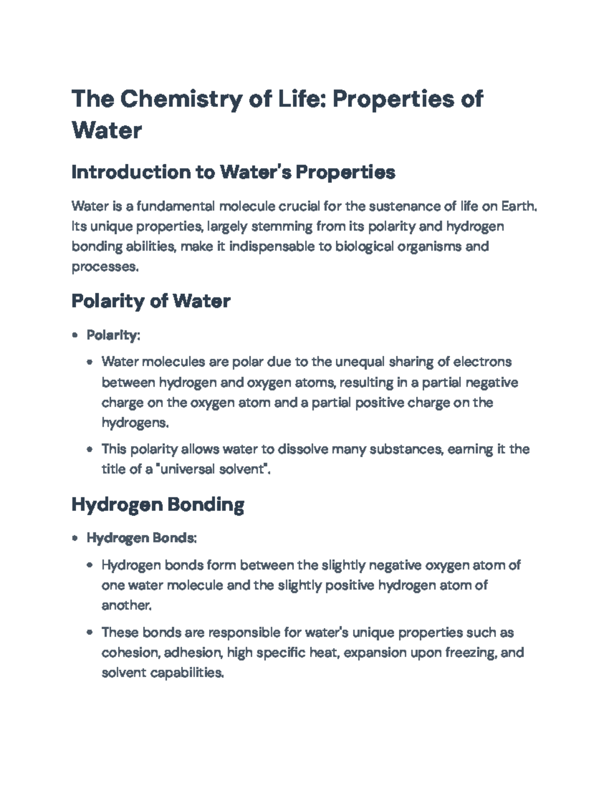 Chemistry of Life: Water's Properties and Importance in Biology - The ...