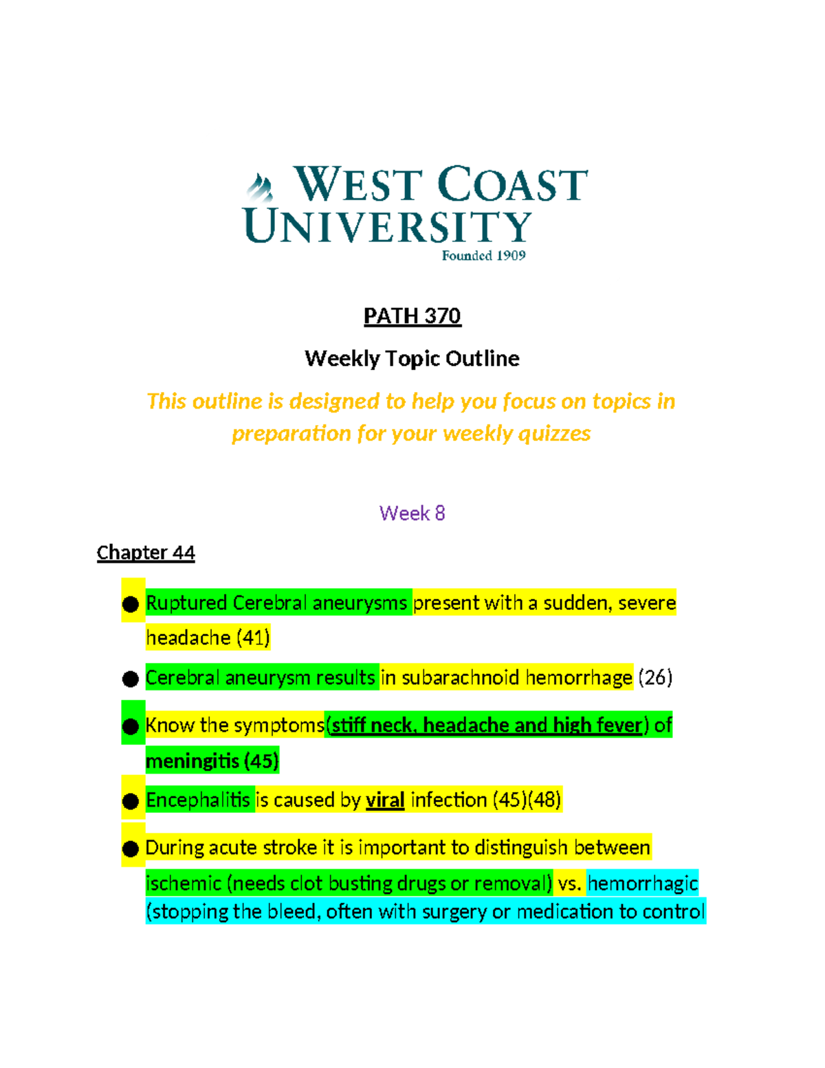 PATH 370 Week 8 Study Guide: Cerebral Aneurysms & Arthritis - Studocu