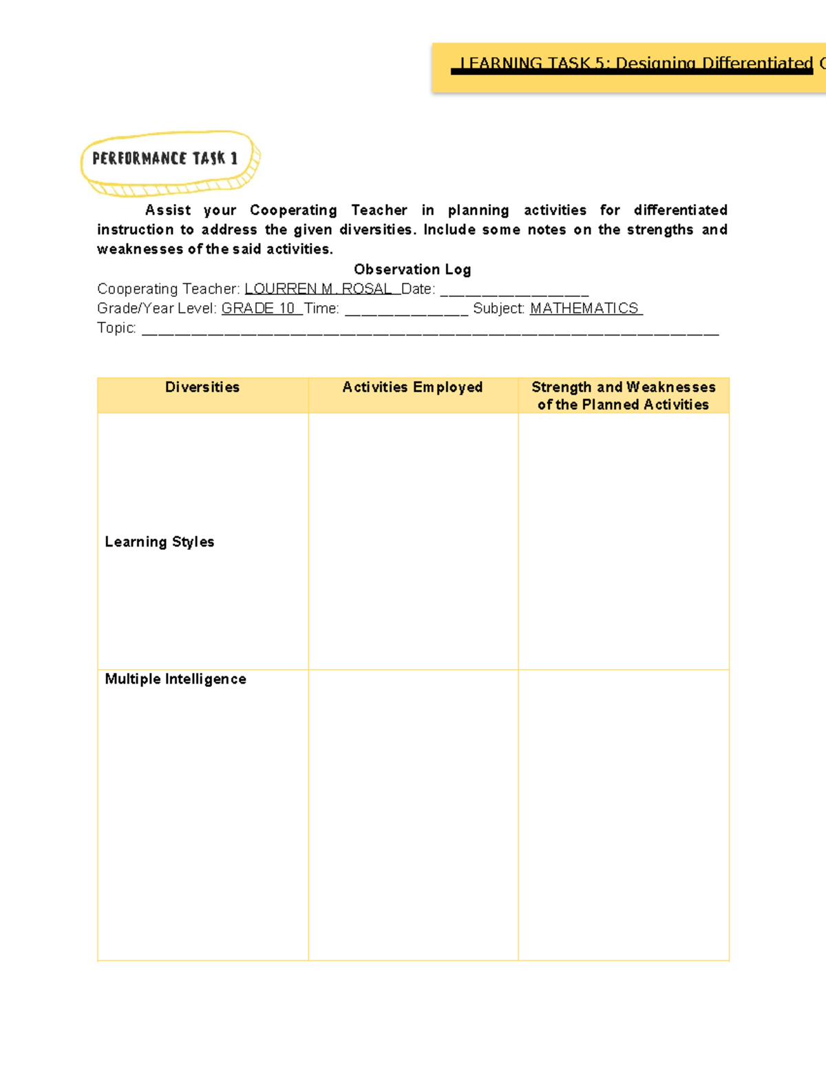 Differentiated Instruction Activities Plan - GRADE 10 Mathematics Task 5 - Studocu