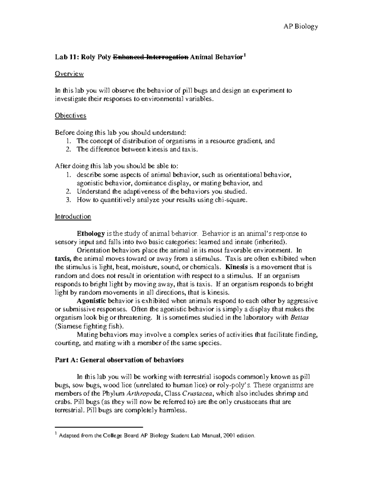 AP Bio Lab 11: Student Experiments on Animal Behavior in Pill Bugs ...