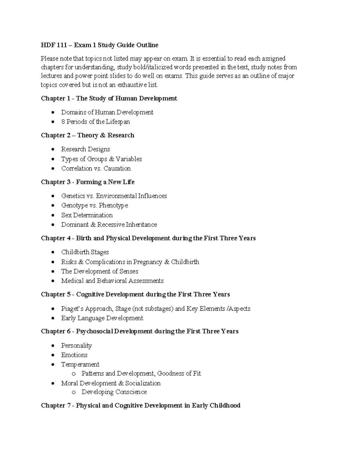 HDF 111 – Exam 1 Study Guide on Human Development Topics - Studocu