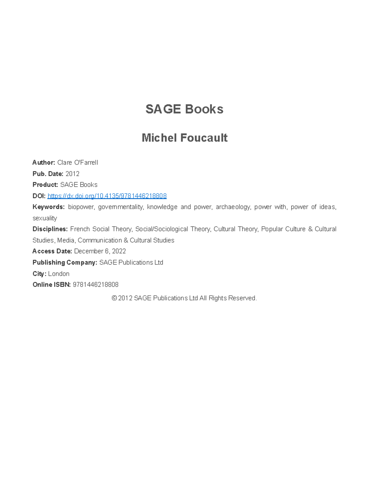 Michel-foucault - paper - SAGE Books Michel Foucault Author: Clare O ...