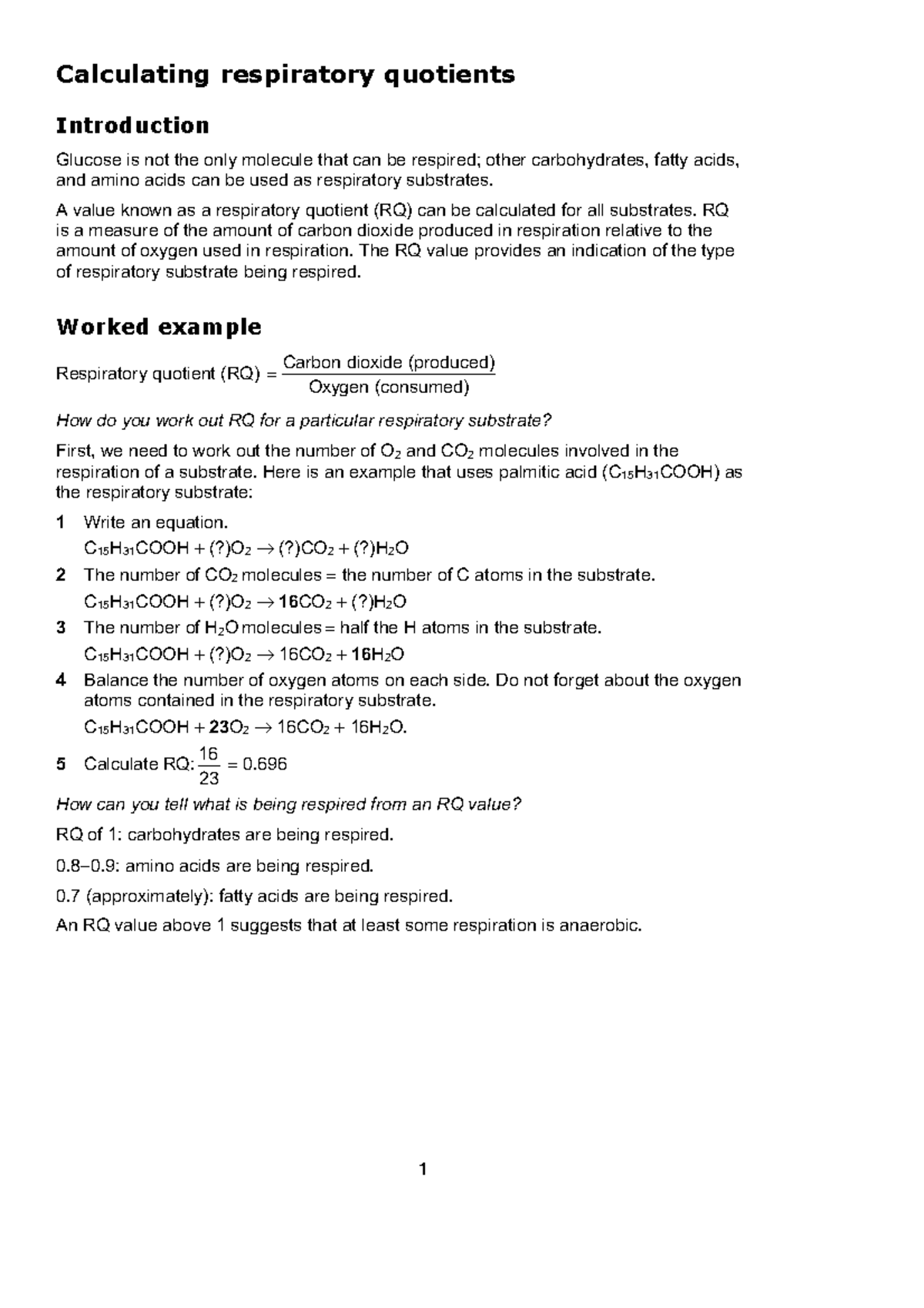 Calculating RQ Values - Notes on Respiratory Quotients (RQ) - Studocu