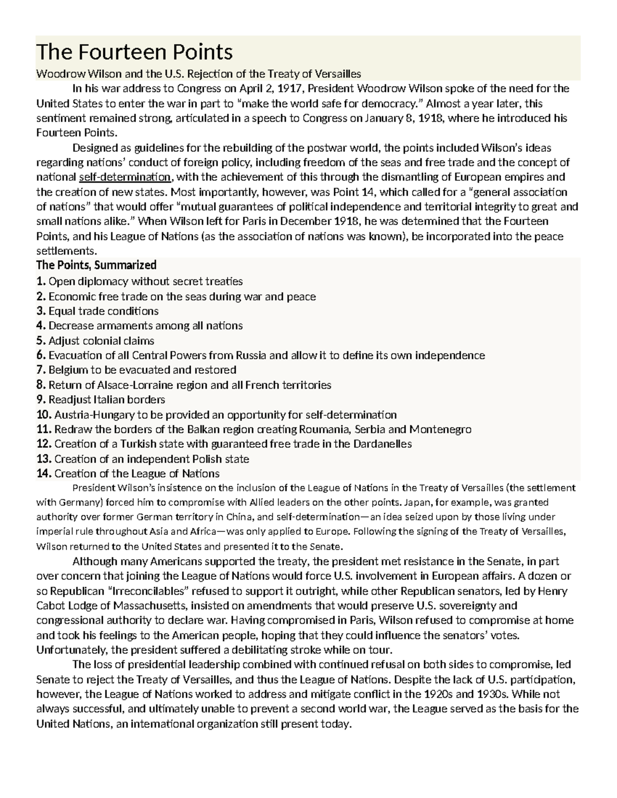 The Fourteen Points and the U.S. Rejection of the Treaty of Versailles ...