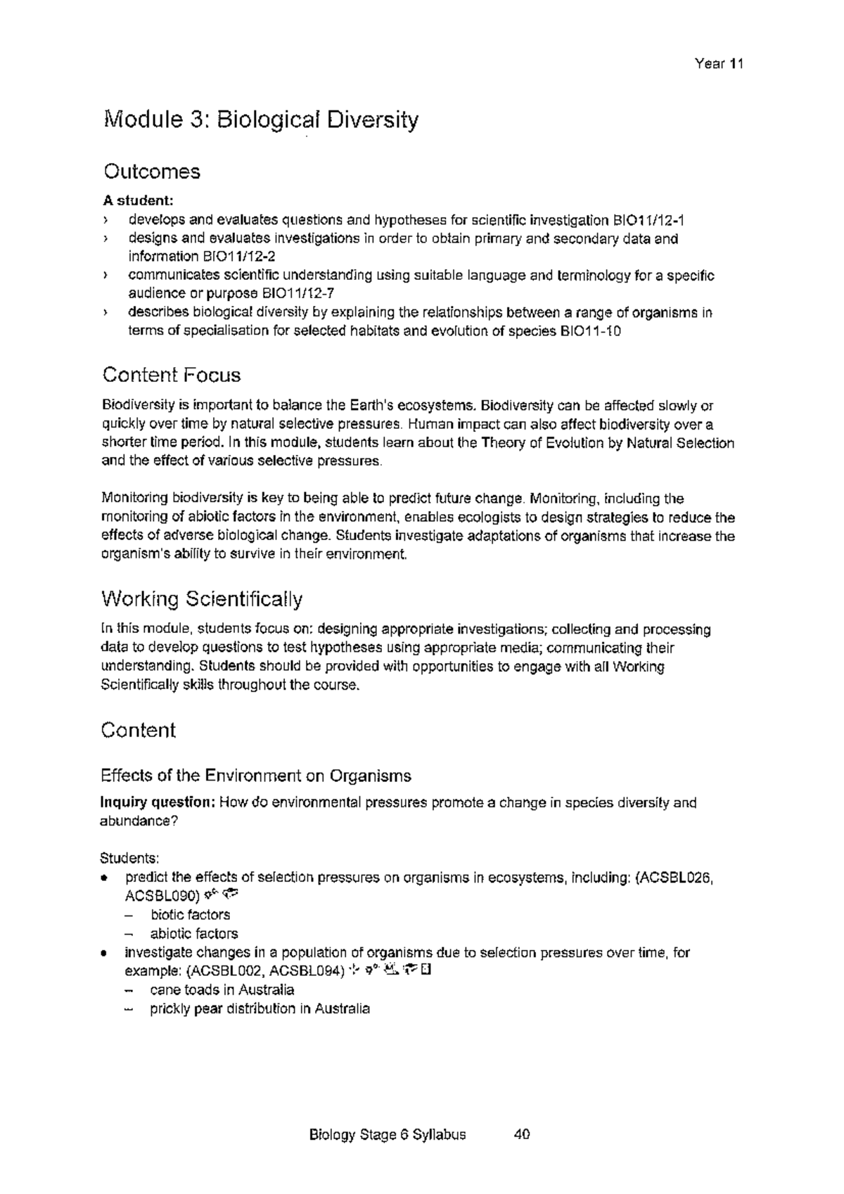 Year 11 Biology Module 3: Biodiversity & Evolution Syllabus - Studocu