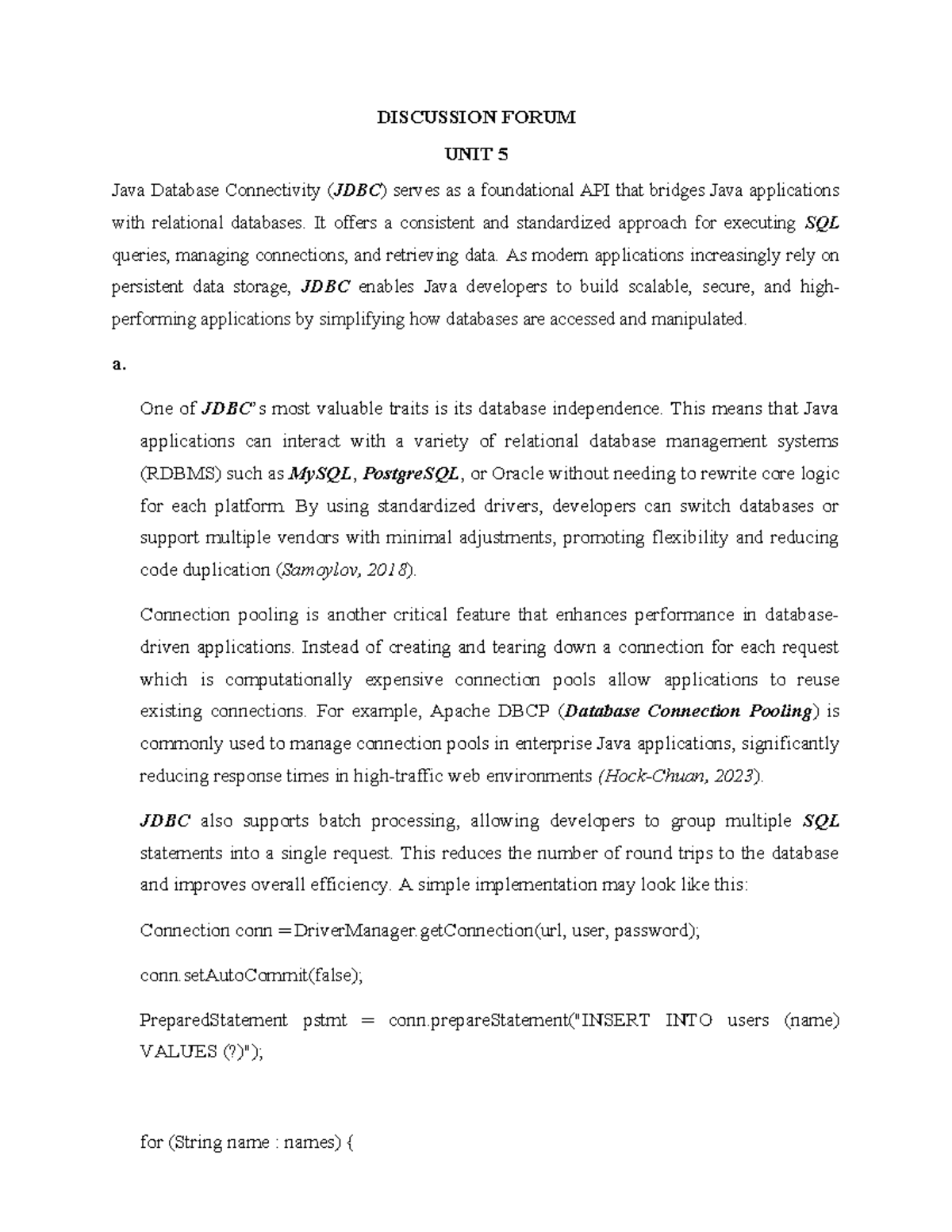 Discussion Forum UNIT 5: Java Database Connectivity (JDBC) Insights ...