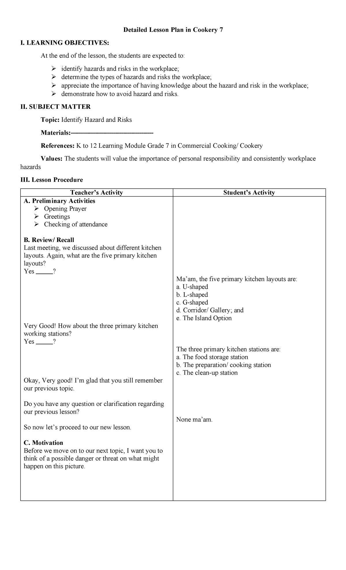 Identifying Hazards and Risks in Cookery 7 - Detailed Lesson Plan - Studocu