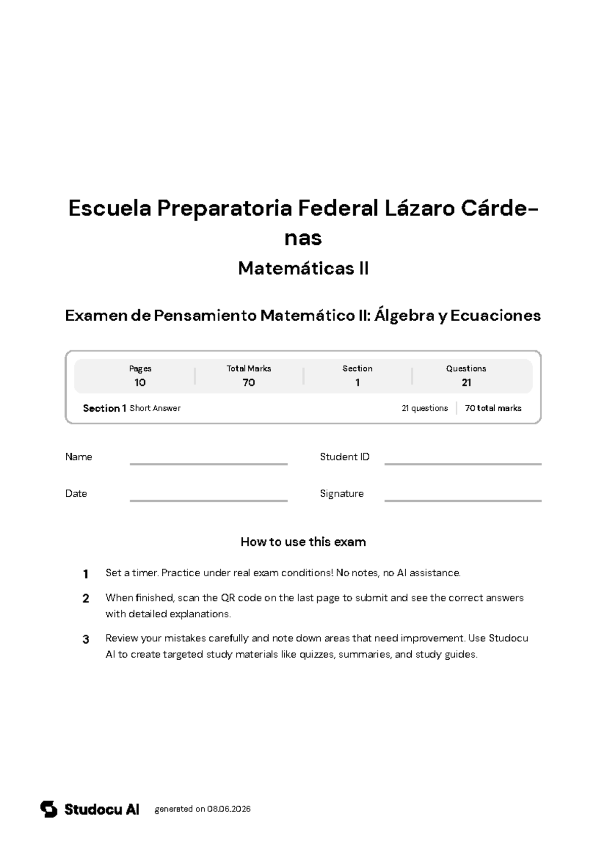 Examen de Pensamiento Matemático II: Álgebra y Ecuaciones - Studocu