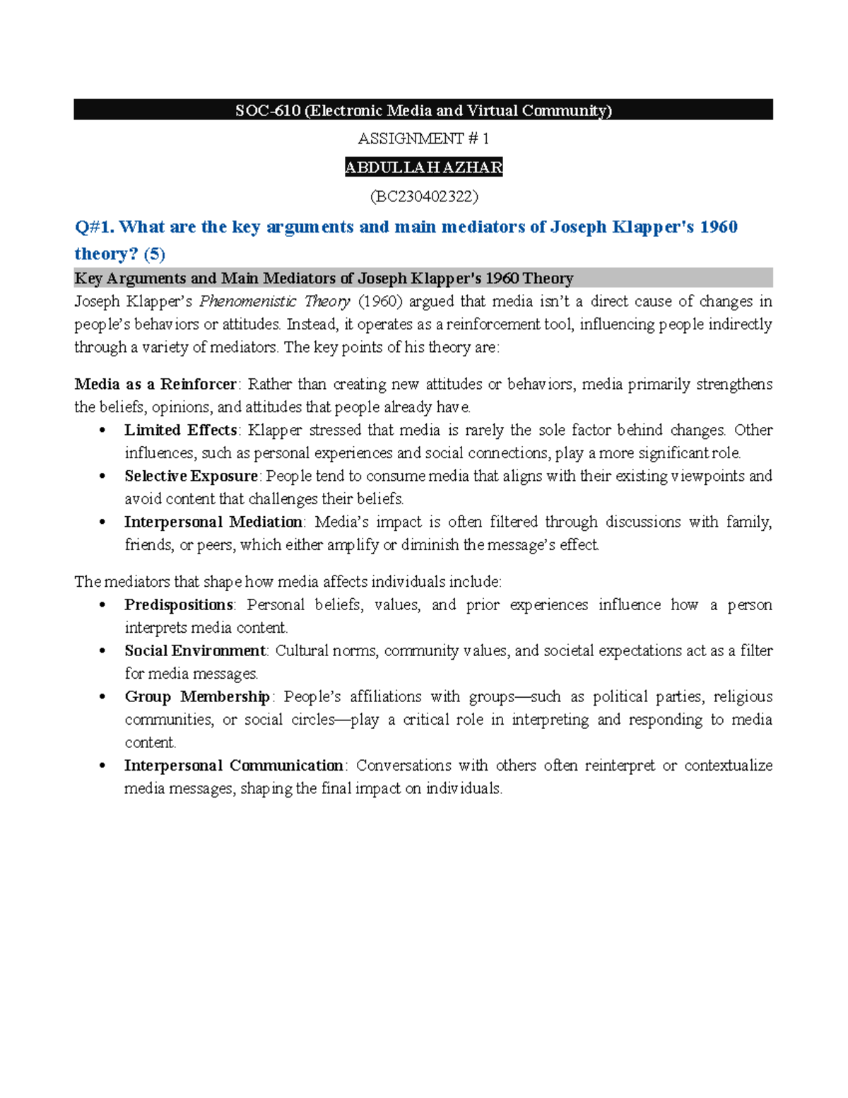 SOC-610 Assignment 1: Klapper's 1960 Theory on Media Effects - Studocu