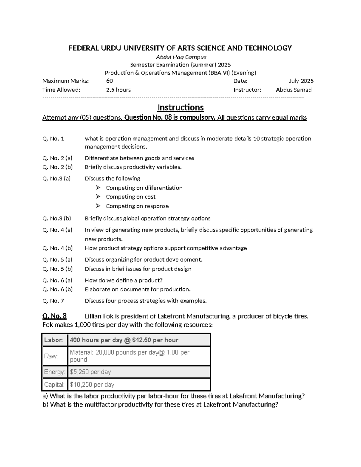 BBA VI Production Operations Management Exam - Summer 2025 - Studocu