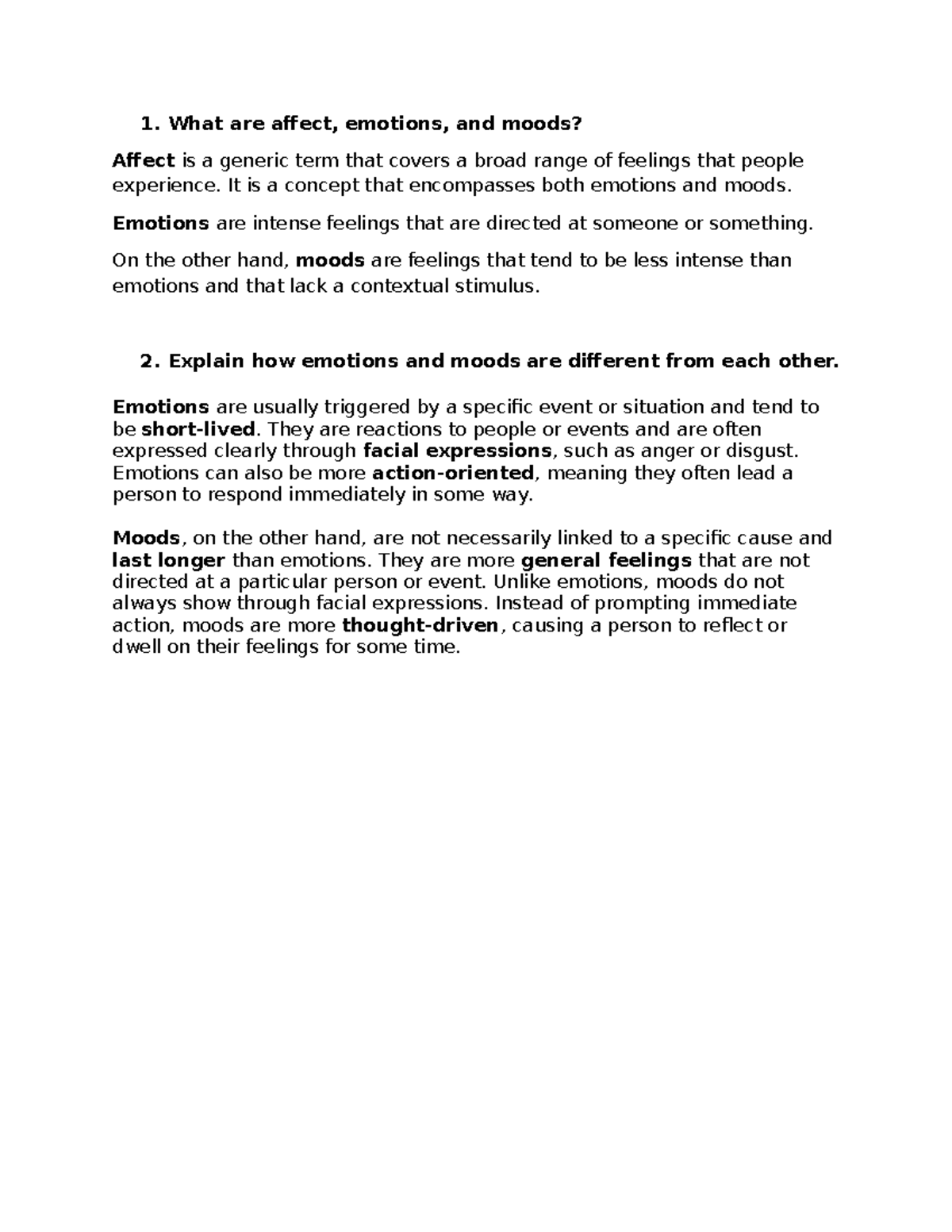 Affect, Emotions, and Moods: Key Concepts in Psychology (PSY 101) - Studocu