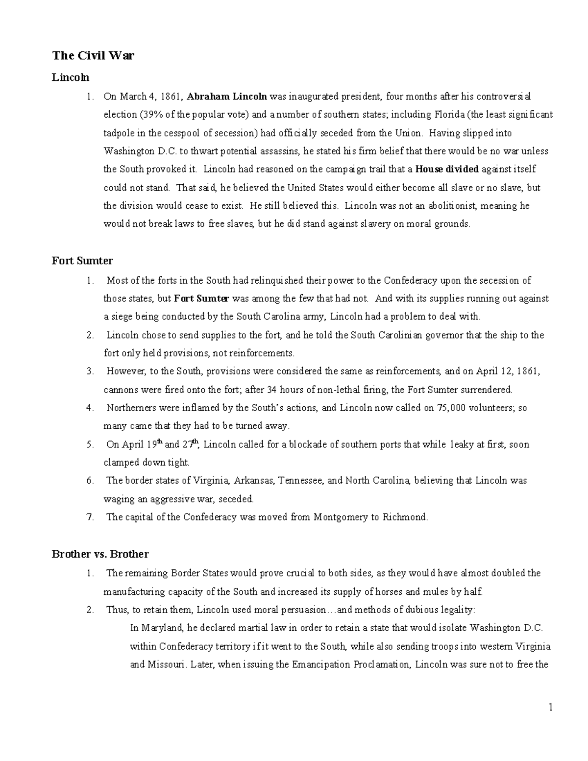 Notes - Civil War - The Civil War Lincoln 1. On March 4, 1861, Abraham ...