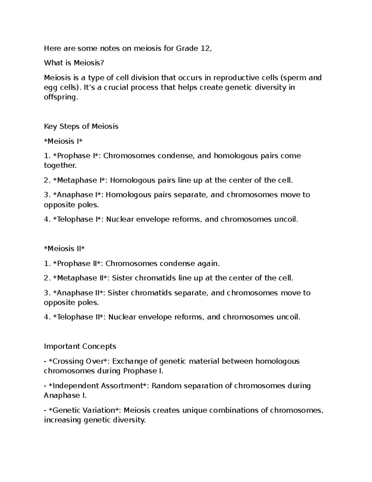 Grade 12 Meiosis Notes: Key Steps & Concepts Explained - Studocu
