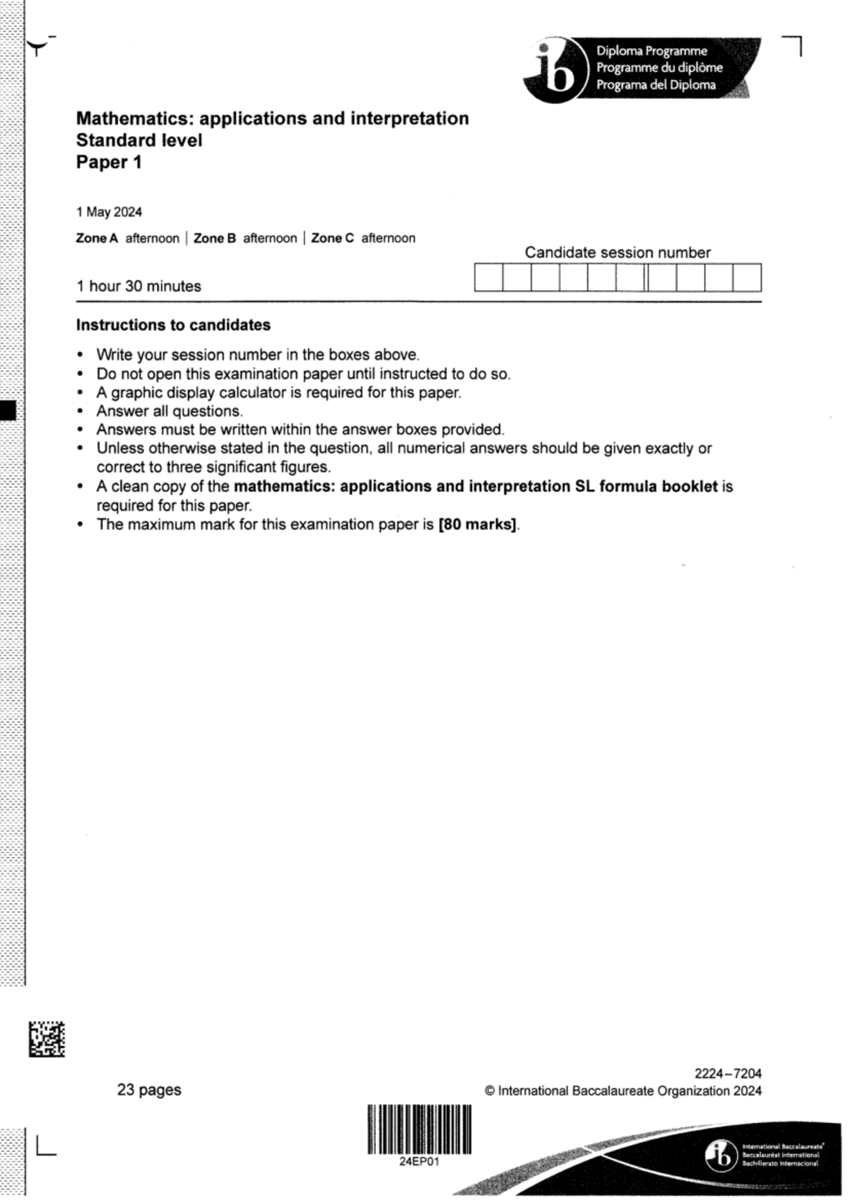 Mathematics: Applications and Interpretation SL Paper 1 TZ1 Exam May 2024 - Studocu
