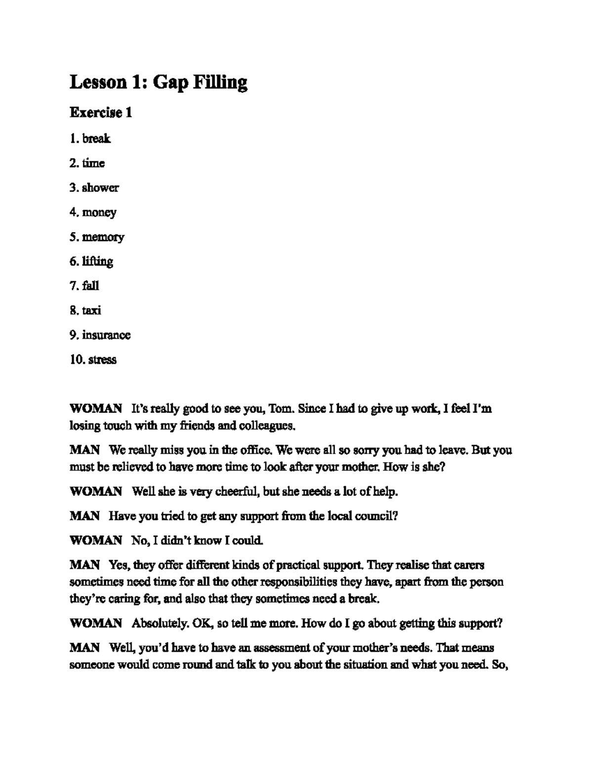 Lesson 1: Gap Filling Exercise & Key List for Practice - Studocu