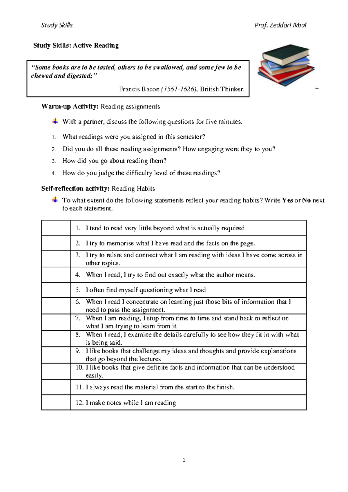 Study Skills handouts two - Study Skills: Active Reading Warm-up ...