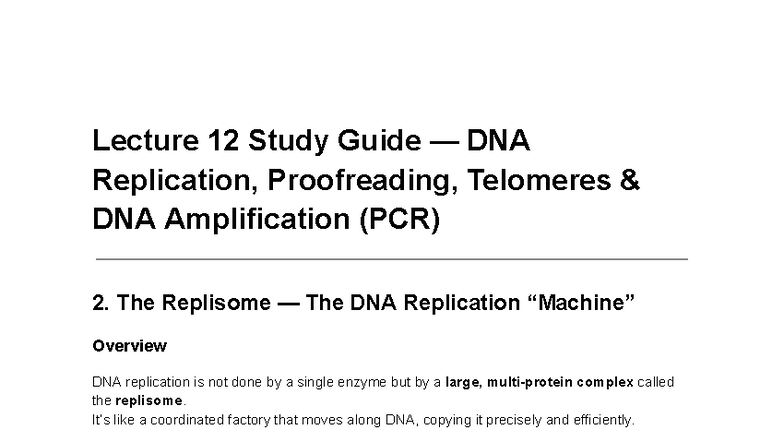 Lecture 12 Study Guide: DNA Replication, Proofreading & PCR Insights ...